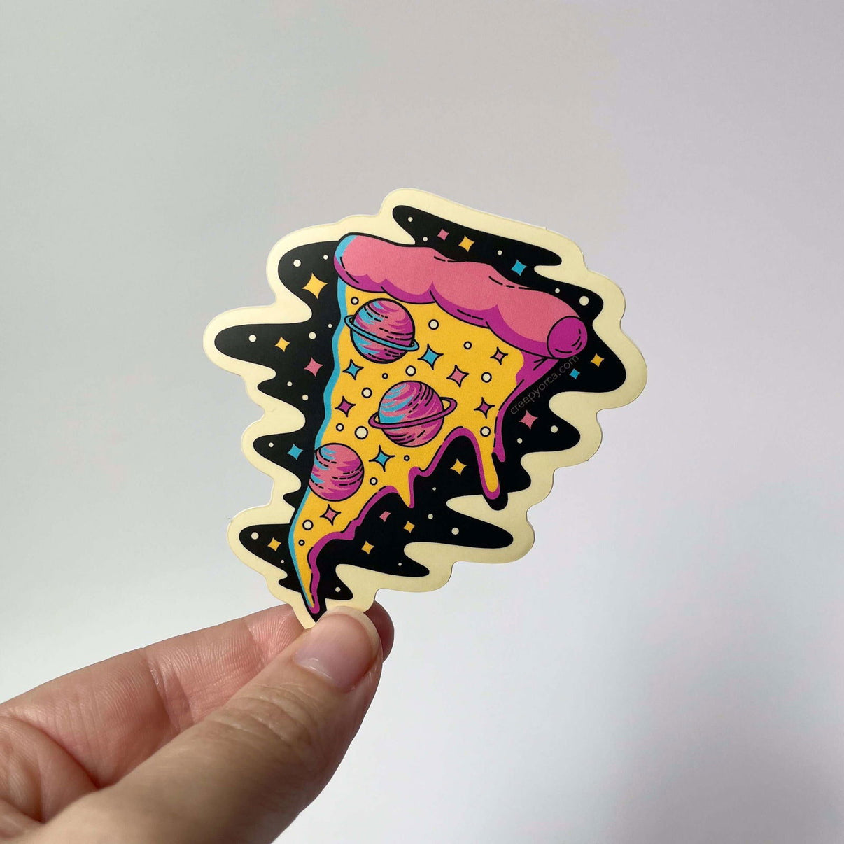 Cosmic Pizza Sticker: Gooey Slice of Pizza in Space Design – Creepy ...