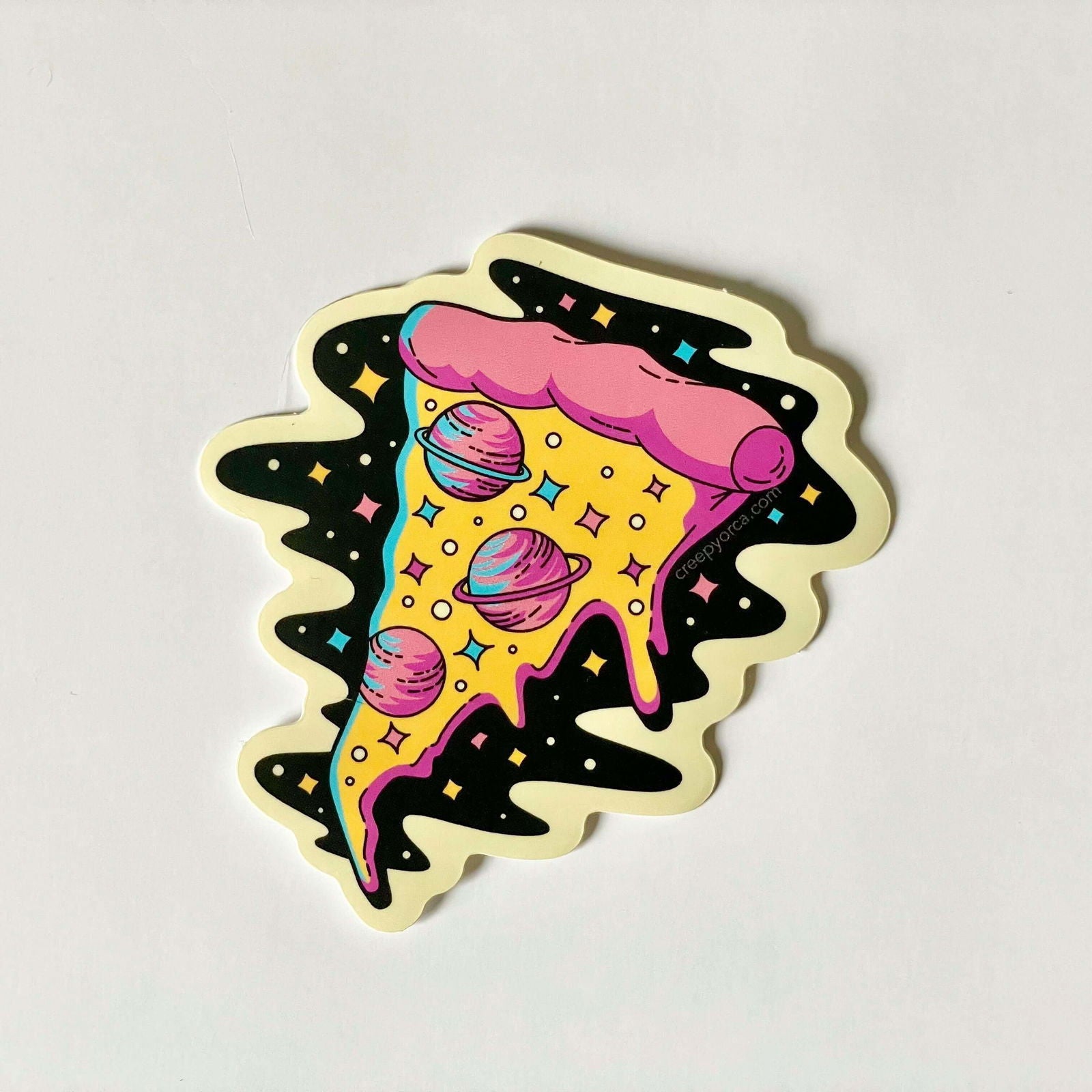 Cosmic Pizza Sticker: Gooey Slice of Pizza in Space Design – Creepy ...