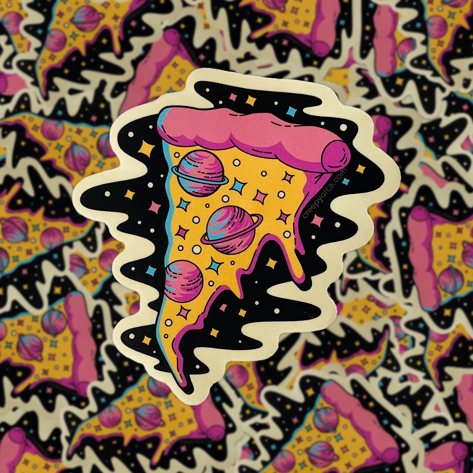 Cosmic Pizza Sticker: Gooey Slice of Pizza in Space Design – Creepy ...